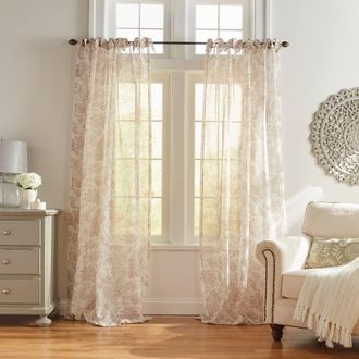 Elrene Home Fashions Floral Cottagecore Tie-Top Sheer Window Curtain, Poly-Linen Blend, Flax, 52 x 84 (1 Panel)