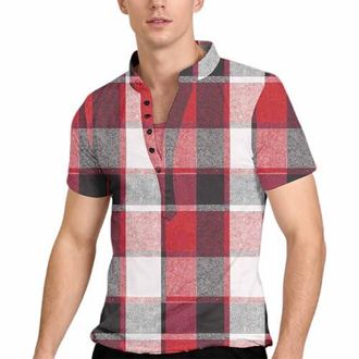 Generic Chemise Henley &agrave; manches courtes pour homme, col montant, t-shirt &agrave; carreaux, d&eacute;contract&eacute;, r&eacute;tro, boutonn&eacute;, l&eacute;ger, t-shirt d&eacute;t&eacute; confortable, t-shirt d