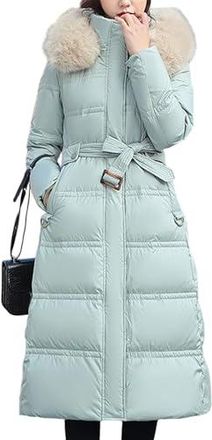 Generic Manteau dhiver long en duvet &eacute;pais et chaud pour femme, parka, manches longues, ceinture rembourr&eacute;e avec capuche en fausse fourrure, vert clair, 3XL