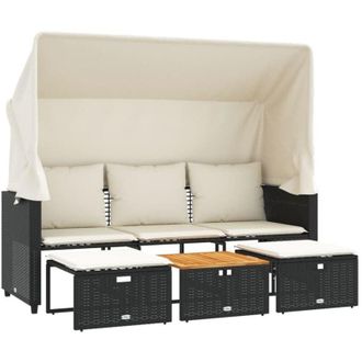 vidaXL Outdoor-Sofa 3-Sitzer mit Dach und Hockern Schwarz Poly-Rattan - Vidaxl