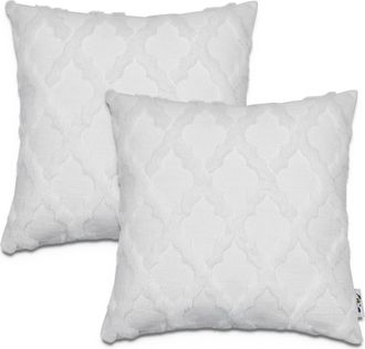 Paco Home Kissenbezug Deko Kissenh&uuml;lle Bezug Kissenbez&uuml;ge Zierkissen 2er Set Sofa Zierkissen Wohnzimmer Bl&auml;tter Skandi, Farbe:Wei&szlig; 1, Sets:2pcs-Set