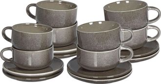 Beliani Set aus 8 Tassen mit Untertassen Tee Kaffee Steingut Kaolin Handgefertigt Reaktive Glasur Finish Grau Costmary