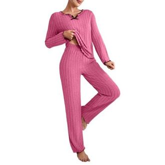 Generic Pyjama 2 pi&egrave;ces en tricot torsad&eacute; pour femme, tendance, &agrave; manches longues, col en V, haut c&ocirc;tel&eacute; avec pantalon ample confortable, confortable et doux,