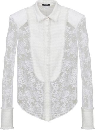 Balmain Femme, Blouses et Chemises, Blanc, Taille: 36 FR Chemise Plastron en Dentelle Transparente et Tweed