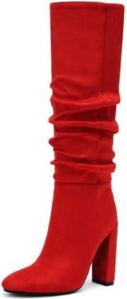 Generic Bottes Femme Lâches Mi-Genou Talon Carré Bout Rond Daim Ballerines Semelle Coussinée Soirée Fête Bal Décontracté Élégantes Durables,Rouge,37.5 EU