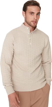 Trendyol Herren Pullover mit Mandarin-Kragen, Einfarbig Sweatshirt, Beige, XL