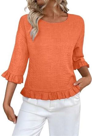 Generic Haut &agrave; manches 3 quarts en lin pour femme, chemisiers d&eacute;contract&eacute;s &agrave; col rond, chemises &agrave; &eacute;paules tombantes de couleur pure, haut tendance &agrave; ourlet &agrave; 