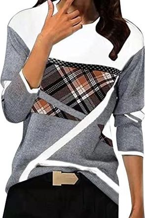 Generic Haut &agrave; manches longues pour femme - Tunique de f&ecirc;te tendance - Col rond - T-shirt basique polyvalent - Chemisier vintage imprim&eacute; confortable - Coupe a