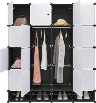 Woltu Kleiderschrank mit 16 Würfeln, 4-Fächern, Garderobenschrank aus Kunststoff in Schwarz-Weiß, mit 2 Kleiderstangen, Schlafzimmerschrank 148 × 35 × 165 c