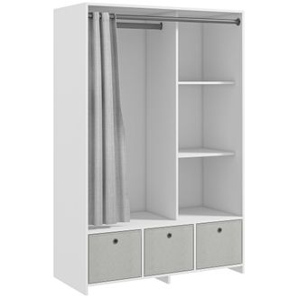 HOMCOM Kleiderschrank, Aufbewahrungsschrank, Ankleidezimmer, Kleiderschrank mit Stange, Vorhänge, 3 abnehmbare Stoffschubladen, 105 x 48 x 160 cm, Weiß