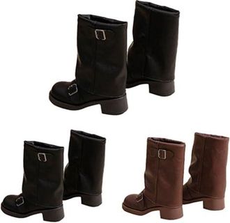 Generic Bottines pour femme avec talon bloc - Bottes souples style années 70 - Bottes à plateforme large - Bottes à talon plat - Bottes déquitation antidérapa