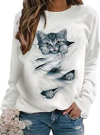 Onsoyours Femme Pull Mode Chat Imprimé Animal Imprimé 3D Motif de Chat Sweat col Rond À Manches Longues Color Block Patchwork Tops Blouse Style-3 L