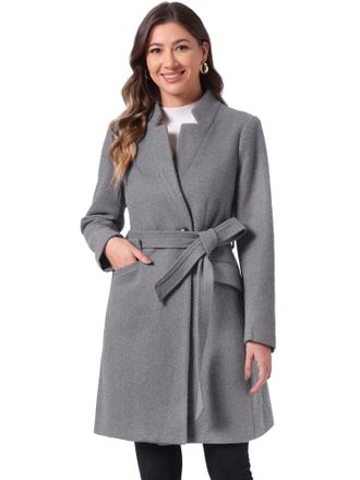 Allegra K Damen Elegant Mantel Stehkragen Vintage G&uuml;rtel Lang Wintermantel Grau L