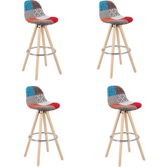 Woltu Woltu - Lot de 4 Tabouret de Bar Tabouret de Cuisine en Lin, avec Repose-Pied, Patchwork Multicolore