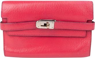Herm&egrave;s Portemonnaie - Hermes Pink Leather Palladium Kelly Wallet - Gr. unisize - in Rot - f&uuml;r Damen