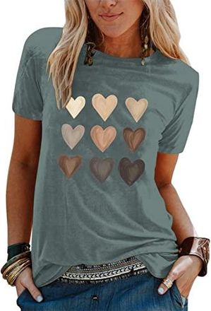 Minetom Femme T-Shirts Chic Saint-Valentin Tee Shirt Blouse Col Rond Tops Manches Courtes Ete Casual T Shirt Imprimé Coeur Chemisier Tunique A Verte XL