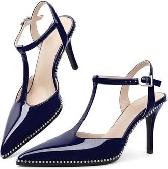 EDEFS Escarpins Femme Talon Aiguille 9 cm en Cuir Verni Bout Pointu T-Strap Slingback à Perles pour Mariage Gala Soirée & Casual Marine EU35