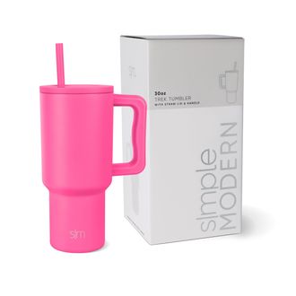 Simple Modern Thermobecher mit Strohhalm und Griff | Isolierter Edelstahl-Trinkbecher Eiskaffee-Reisebecher | Geschenke für Frauen und Männer | Trek | 890ml | Raspb