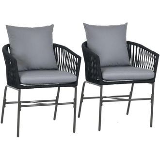 OUTSUNNY 2er-Set Gartenst&uuml;hle mit Kissen Gartenm&ouml;bel im Boho-Stil Gartensessel Set, Gartenstuhl, Terrassenstuhl, Balkonstuhl, Metallrahmen, Schwarz, 57 x 60 x
