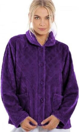 Camille Veste de lit en polaire ultra douce pour femme - Imprimé floral - Haut de nuit chaud à col boutonné et manches longues, Violet diamant, 46-48