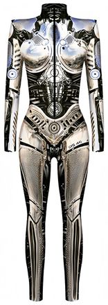 Ocean Plus Damen Halloween Skelett Digitaldruck Overall Schmal Geschnittene Langärmlige Einteilige Strumpfhose Jumpsuit (XL, Goldene mechanische Rüstung)