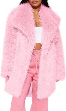 Generic Manteaux en fausse fourrure pour femmes vestes chaudes mi-longues &agrave; manches longues revers hiver v&ecirc;tements dext&eacute;rieur moelleux manteau parka hirsute (