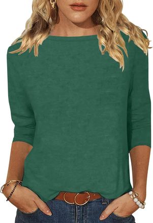 Minetom Tshirt Damen 3/4 Arm Shirt U-Boot Ausschnitt Leichte Pullover Tops Basic Oberteil Sommer Herbst A Gr&uuml;n XXL z