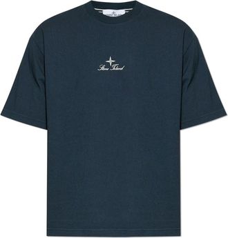 Stone Island Homme, Tops, Bleu, Taille: XL T-shirt avec logo brodé