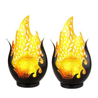 Globo Lighting Gartendeko Solarlampen f&uuml;r Au&szlig;en Outdoor Balkon Deko schwarz gold Flammenoptik Glaskugel, IP44 Akku Metall, 1x LED, LxBxH 16,5x12,5x26,5 cm, 2er Set