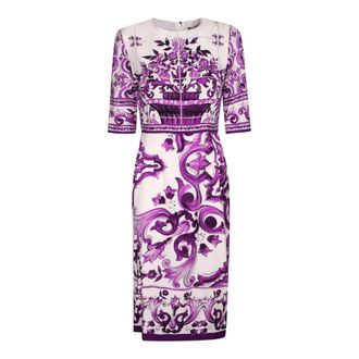 Dolce & Gabbana Femme, Robes, Violet, Taille: 40 FR Robe Midi Crayon en Soie Imprim&eacute; Maiolica