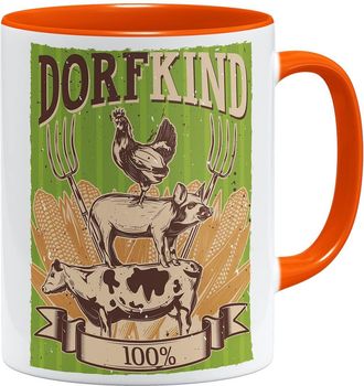 OM3 100% Dorfkind Tasse mit Spruch Statement Kind vom Land - Keramik Becher - 11oz 325ml - Beidseitig Bedruckt - Orange