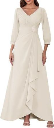 Generic Robe de mère de la mariée en mousseline de soie plissée à manches 3/4 pour femme, ivoire, 48 Grande taille