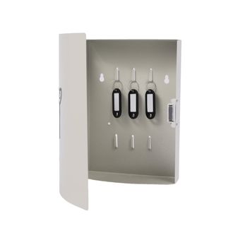 Relaxdays Schl&uuml;sselkasten, mit T&uuml;r, 9 Haken, mit Schl&uuml;sselsymbol, HBT: 24x21x6,5 cm, Schl&uuml;sselbox Magnetverschluss, wei&szlig;