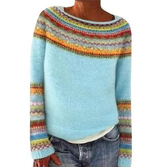 Generic Pull Fairisle pour femme - Grande taille - Pull tendance à manches longues et col rond - En tricot festif - Pour lhiver et les vacances, Zb-Bleu ciel,