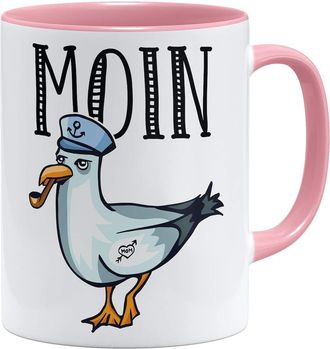 OM3 Seemöwe Moin Kaffee-Tasse mit Spruch - Guten Morgen Möwe | Keramik Becher | 11oz 325ml | Beidseitig Bedruckt | Rosa