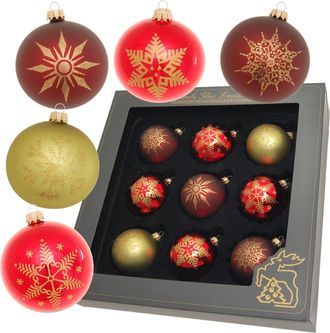 Krebs Glas Lauscha Christbaumschmuck aus Glas - Glaskugelsortiment mit Schneeflocken in rot & gr&uuml;n - Gr&ouml;&szlig;e ca. 8cm - 9 St&uuml;ck