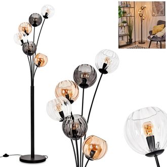 HOFSTEIN Stehleuchte Koyoto, Stehlampe aus Metall/Riffelglas in Schwarz/Bernstein/Rauch/Klar, Leuchte im Retro-Design (Ø Schirme 15 cm), Fußschalter, 168 cm, E