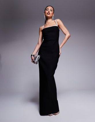 Vesper Robe longue moulante en bengaline &agrave; encolure carr&eacute;e et liser&eacute; contrastant - Noir