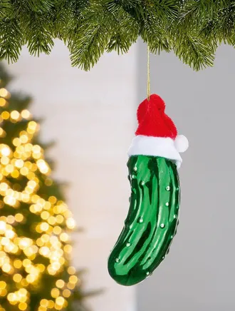 Gilde Glas Baumkugel Gurke mit Mütze Weihnachtsschmuck Tannenbaumschmuck