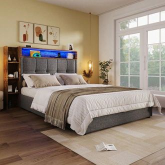 Generic Intelligentes Plattformbett 90x200 Leinengrau - Typ-C-Ladesystem, APP/taktile Steuerung, LED-Beleuchtung und optimierte Aufbewahrung (Spiele kostenlos