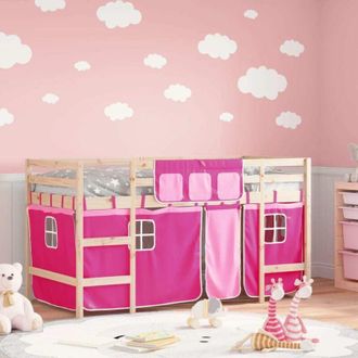 vidaXL Kinderhochbett mit Vorh&auml;ngen Rosa 90x190 cm Massivholz Kiefer vidaXL