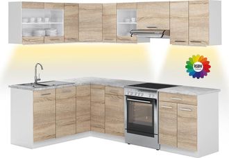 Vicco Eckk&uuml;che Rick, Wei&szlig;/Sonoma, 247 x 167 cm, AP Marmor mit LED-Leisten