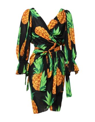 Dolce & Gabbana Womens Black Pineapple Print Silk Wrap Mini Dress Elastane
