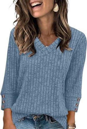 Generic Pull &agrave; Col en V et Manches 3/4 Chic pour Femme - Haut Tricot&eacute; Doux et D&eacute;contract&eacute; Chaud Pas Cher Couleur Unie Automne Hiver Taille 36 38 40 42 44,Bleu