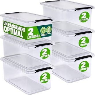 Deuba 6x Boîte de rangement 2L en plastique transparent empilable sans BPA gain de place caisse de rangement organiseur