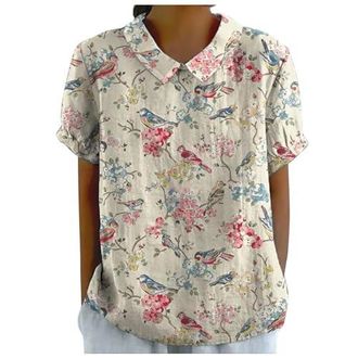 Generic T-shirt d&eacute;t&eacute; pour femme - Col rond &eacute;l&eacute;gant - Col rond - Chemise en lin imprim&eacute;e - Pull ample - T-shirt d&eacute;contract&eacute;, beige, XXL