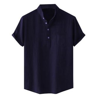 Generico Chemise en lin pour homme, chemise en coton avec col Mao d&eacute;contract&eacute; &agrave; manches courtes, chemise l&eacute;g&egrave;re d&eacute;t&eacute;, confortable et respirante, d&eacute;bardeurs de 