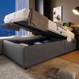 Merax Polsterbett Einzelbett 90x200 cm mit USB-C Ladefunktion & hydraulischem Stauraum, Stauraumbett ohne Kopfteil,Baumwolle/Leinen, Grau (Ohne Matratze)
