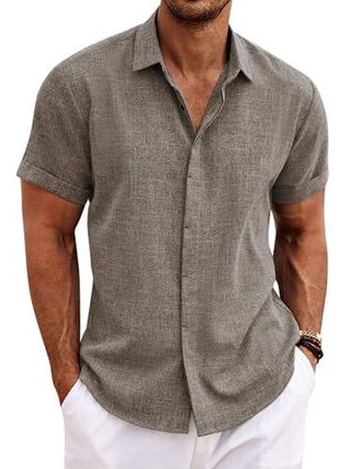 Coofandy Chemise d&eacute;t&eacute; &agrave; manches courtes en lin pour homme, coupe droite, boutonn&eacute;e, hawa&iuml;enne, pour les vacances, marron, XXL