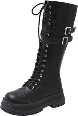 Generic Bottes à lacets pour femme à talon bas plat épais mi-mollet élégant semelle épaisse boucle antidérapante fermeture éclair latérale bottes de motard co